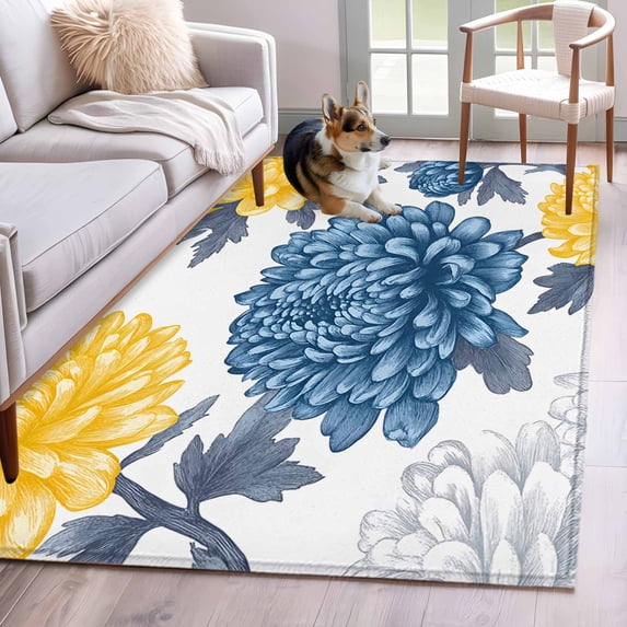 Area Rug 3x5ft Pastoral White Blue Yellow Flower Area Rugs Washable Low ...
