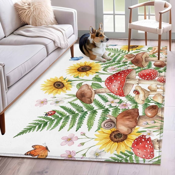 Area Rug 3x5ft Red Mushrooms Green Ferns Flower Area Rugs Washable Low ...