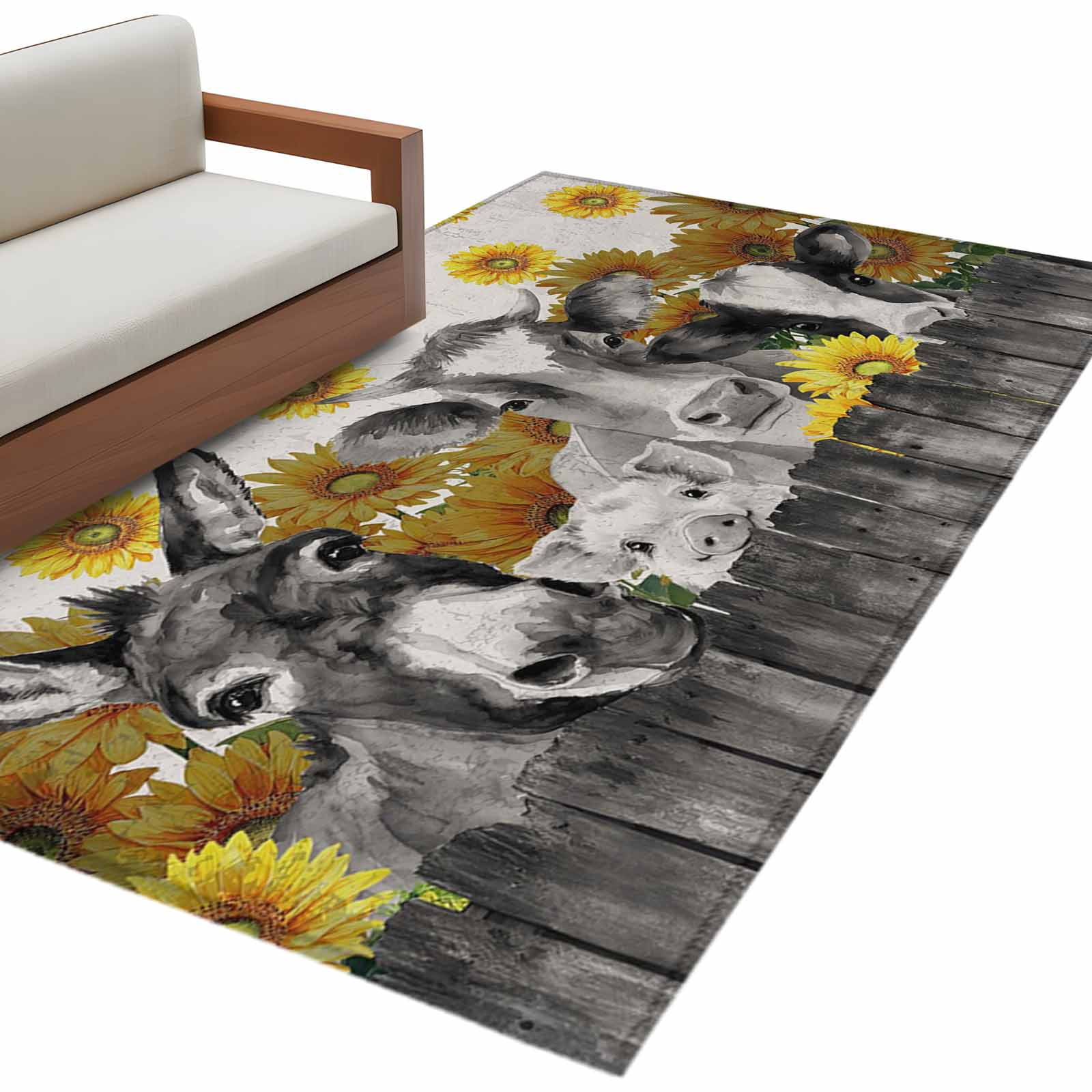Area Rug 3x5ft, Retro Farm Donkey Pig Cow Sunflowers Washable Rugs for ...