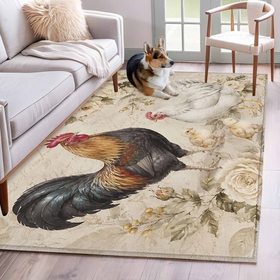 Area Rug 3x5ft Retro Farm Rooster Hen Area Rugs Washable Low Pile Floor ...