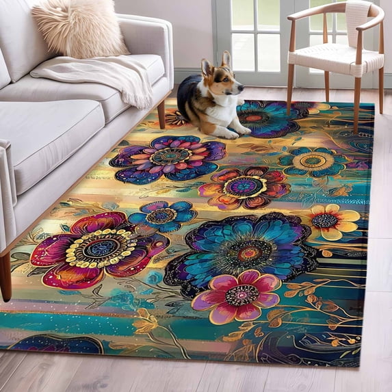 Area Rug 3x5ft Retro Watercolor Ethnic Flower Area Rugs Washable Low ...