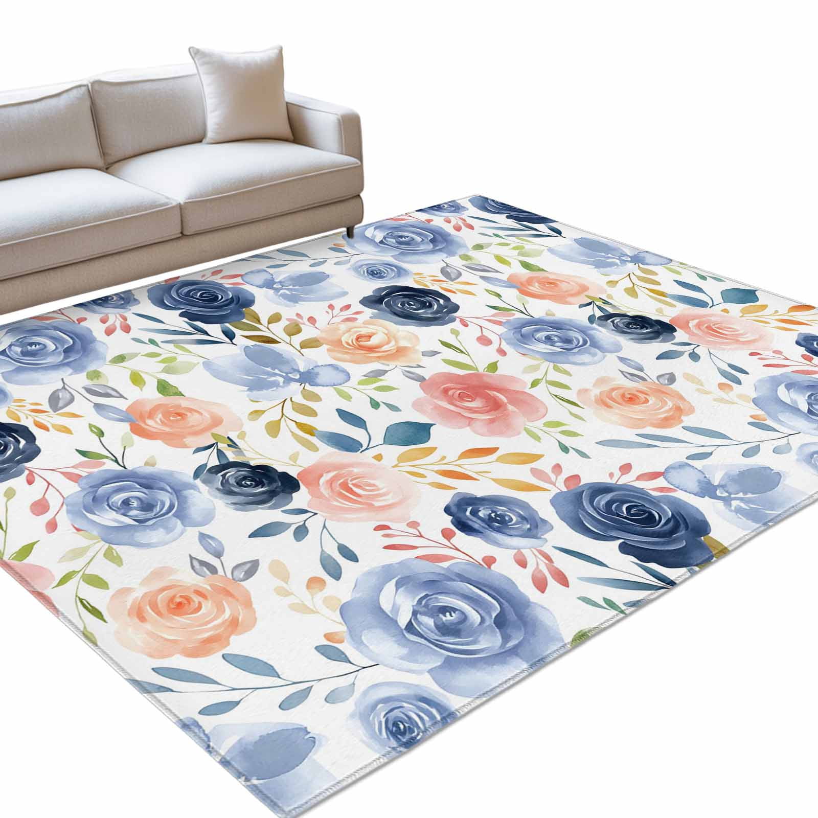 Area Rug 3x5ft, Rose Watercolor Flower Leaves Seamless Washable Rugs ...