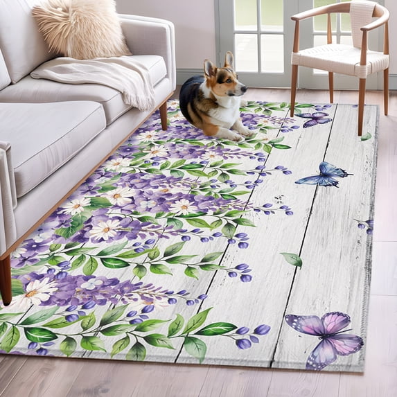 Area Rug 3x5ft Rustic Flower Leaf Butterfly Area Rugs Washable Low Pile ...