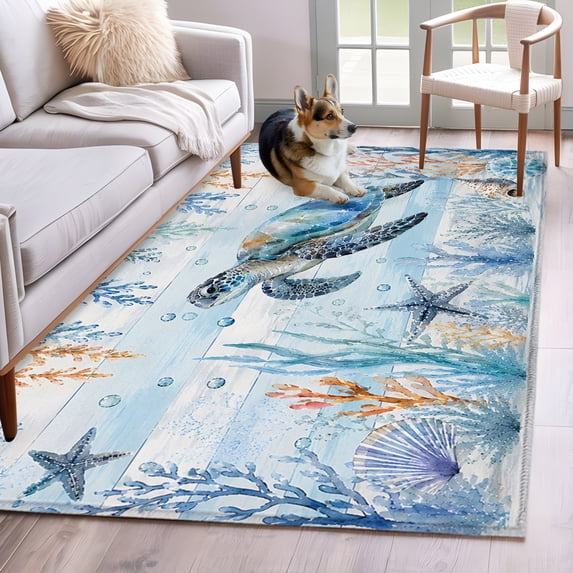 Area Rug 3x5ft Sea Turtle Starfish Coral Seashell Area Rugs Washable ...