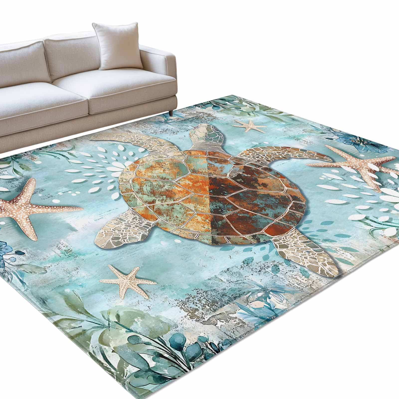 Area Rug 3x5ft Sea Turtle Washable Area Rugs for Living Room Ocean Teal ...