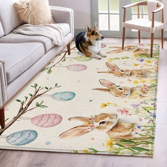 Area Rug 3x5ft Spring Easter Farm Rabbit Egg Area Rugs Washable Low ...