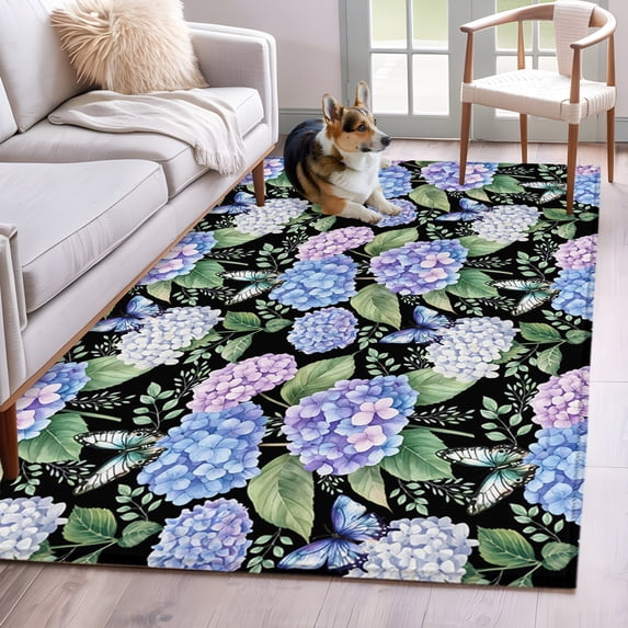 Area Rug 3x5ft Spring Hydrangea Leaf Butterfly Area Rugs Washable Low ...
