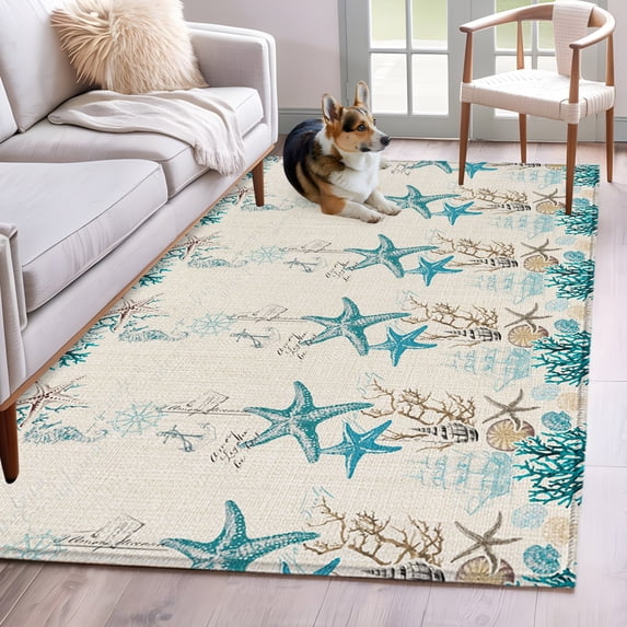 Area Rug 3x5ft, Summer Beach Starfish Coral Nautical Anchor Washable ...