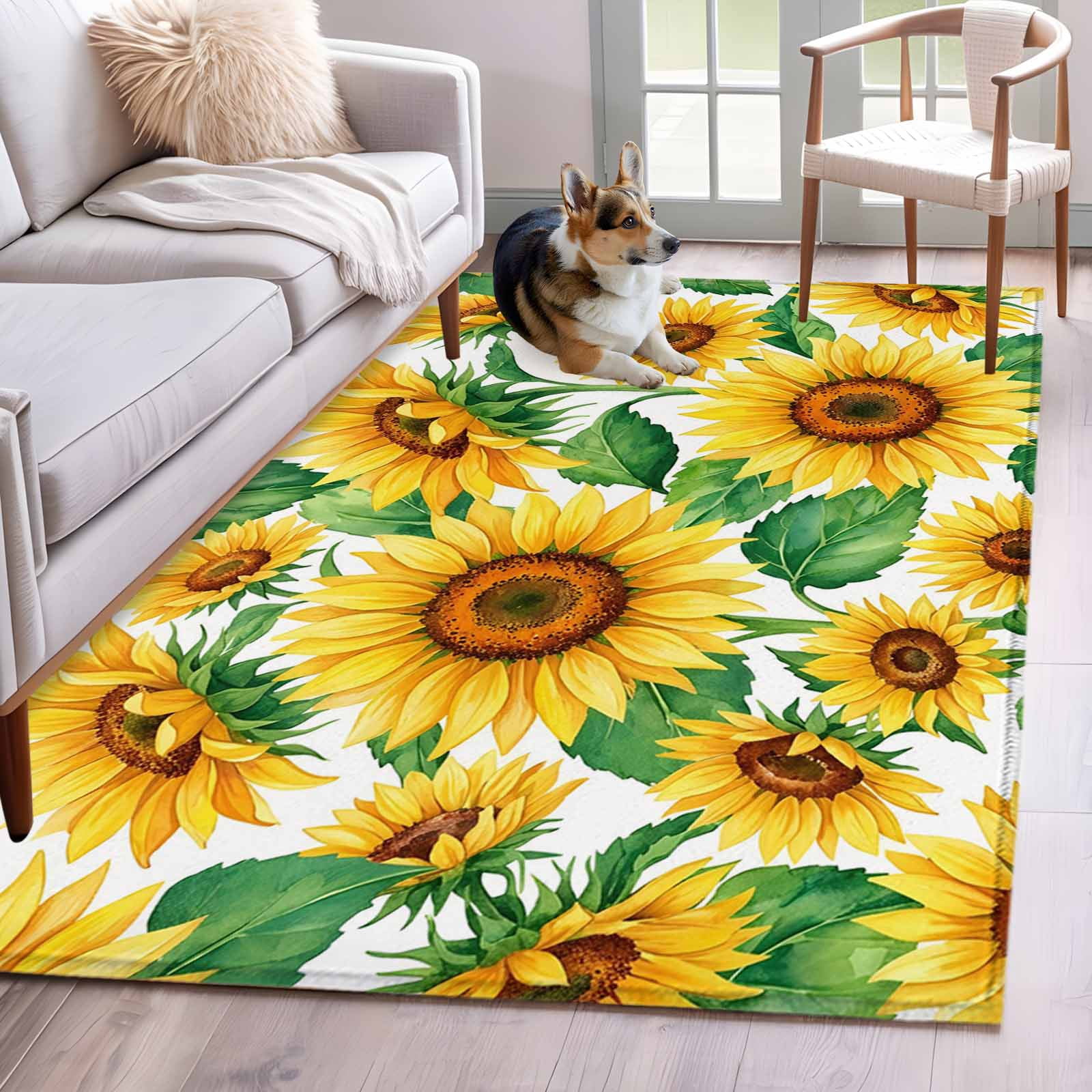 Area Rug 3x5ft Summer Garden Sunflower Leaves Area Rugs Washable Low ...