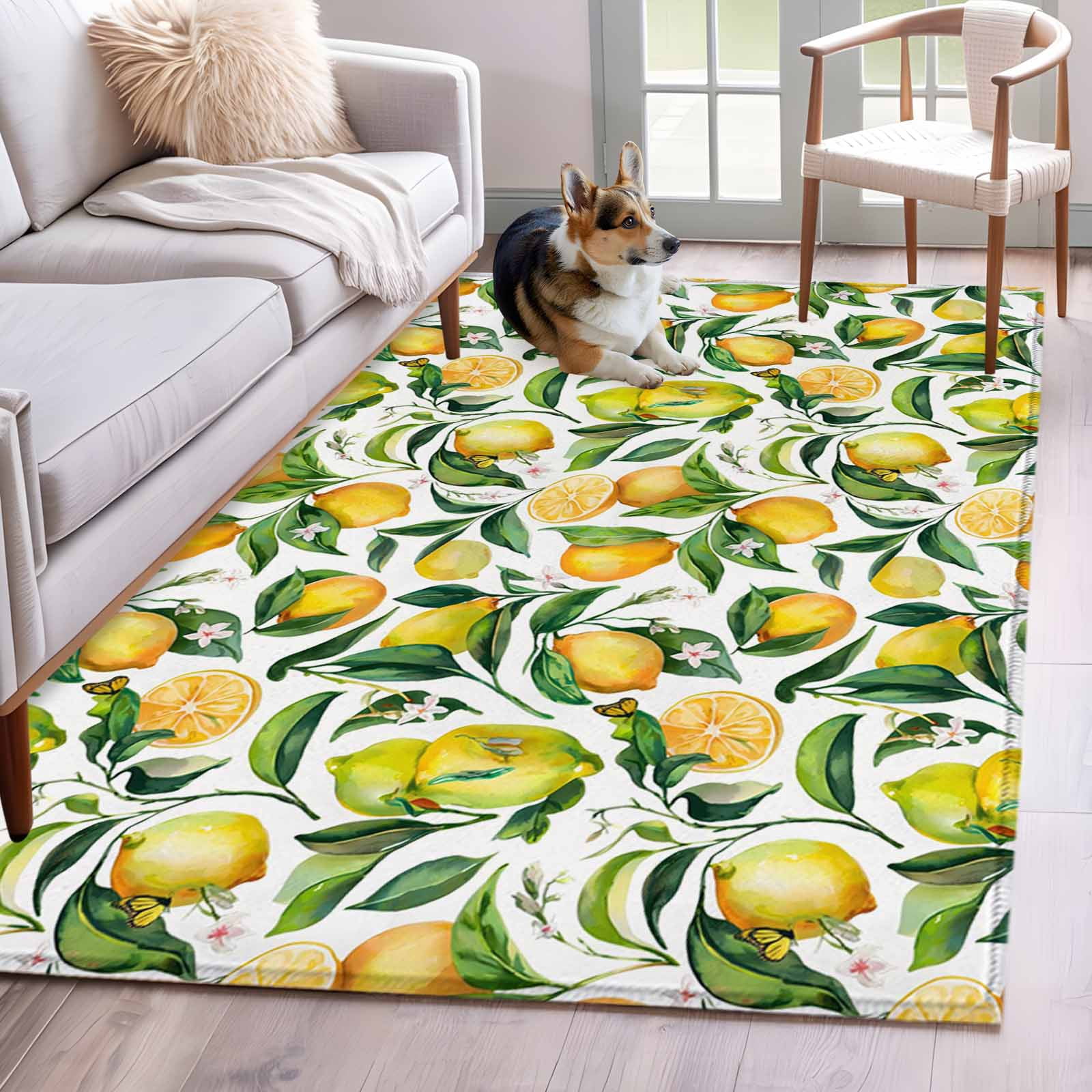 Area Rug 3x5ft Summer Lemon Green Leaves Area Rugs Washable Low Pile ...