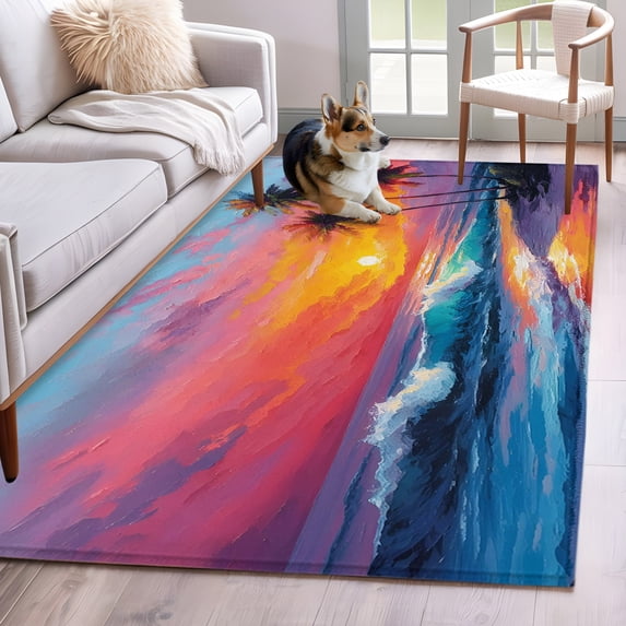 Area Rug 3x5ft Summer Sea Waves Palm Trees Area Rugs Washable Low Pile ...