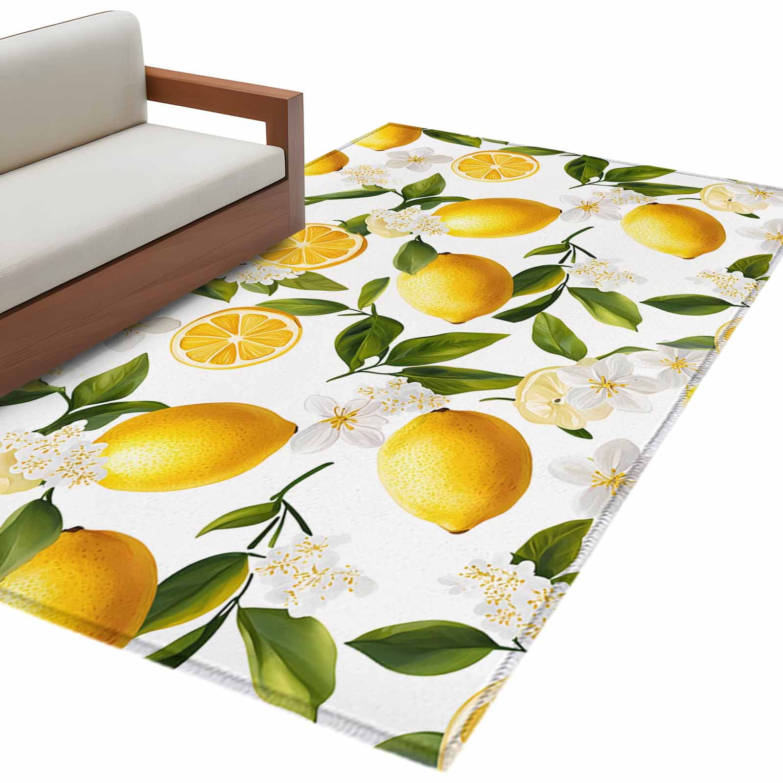 Area Rug 3x5ft, Summer Watercolor Lemon Flower Green Leaves Washable ...