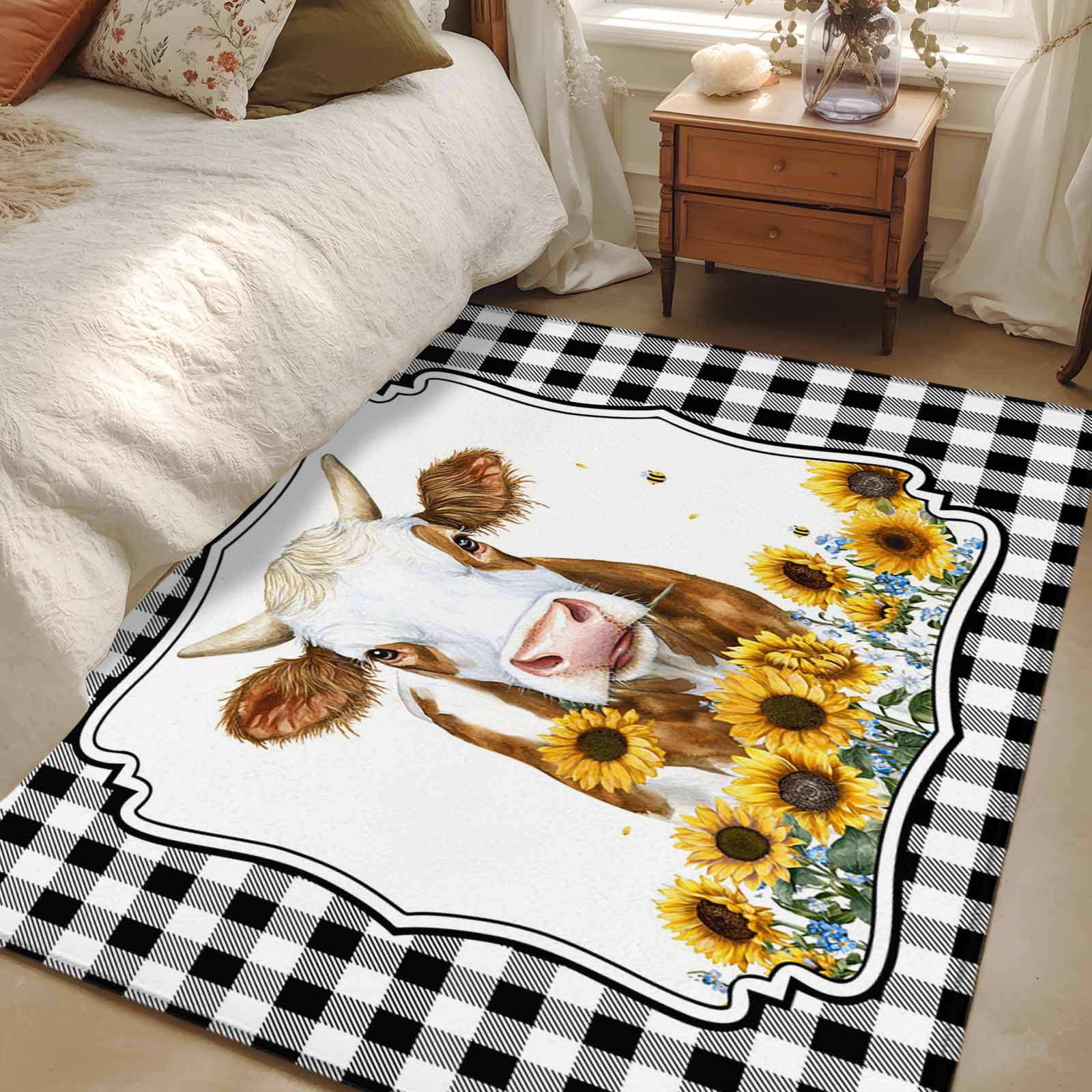 Area Rug 3x5ft Sunflower Cow Carpets Indoor Floor Area Mat Washable ...