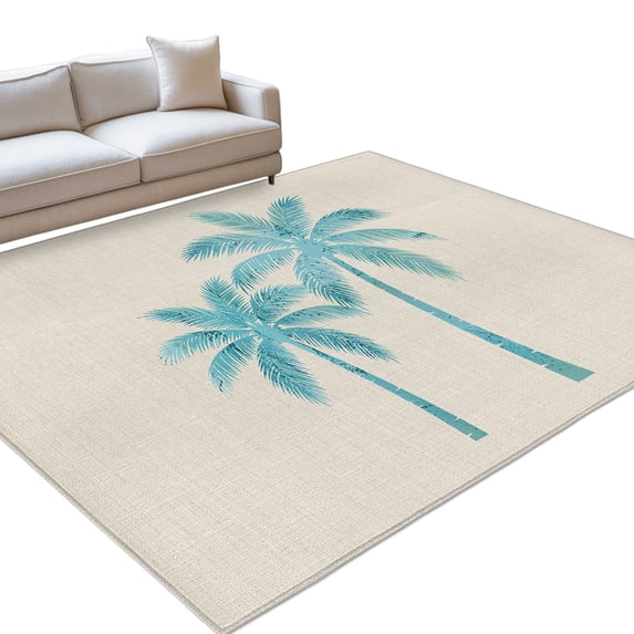 Area Rug 3x5ft, Teal Palm Tree Silhouette on Linen Washable Rugs for ...