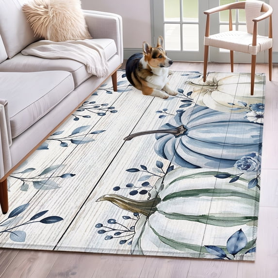 Area Rug 3x5ft, Thanksgiving Blue Pumpkin on Wood Washable Rugs for ...