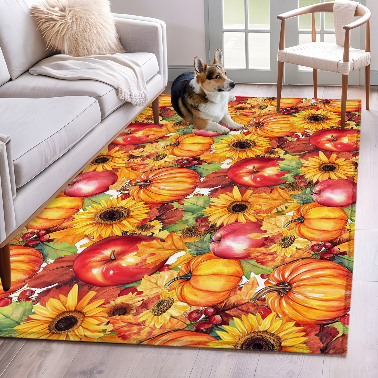 Area Rug 3x5ft, Thanksgiving Pumpkin Autumn Sunflower Watercolor ...
