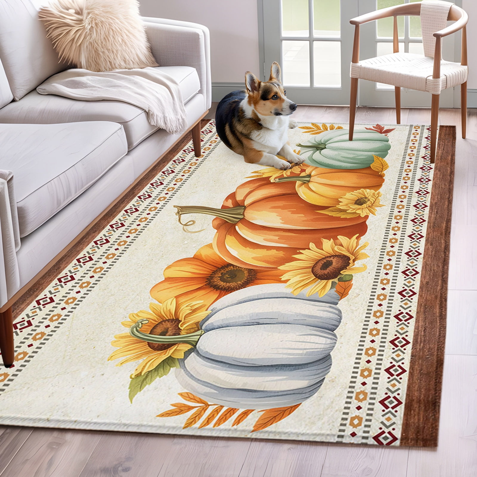 Area Rug 3x5ft, Thanksgiving Pumpkin Sunflower Boho Stripe Washable ...