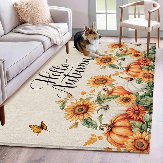 Area Rug 3x5ft, Thanksgiving Pumpkin Watercolor Sunflower Washable Rugs ...