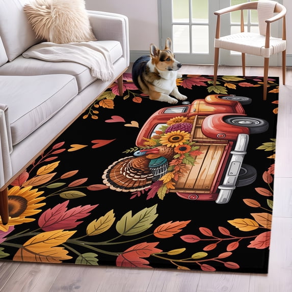 Area Rug 3x5ft, Thanksgiving Truck Turkey Sunflower Washable Rugs for ...