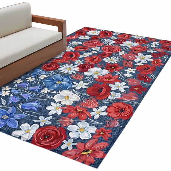 Area Rug 3x5ft, U.S. Flag Flowers Washable Rugs for Living Room Bedroom ...