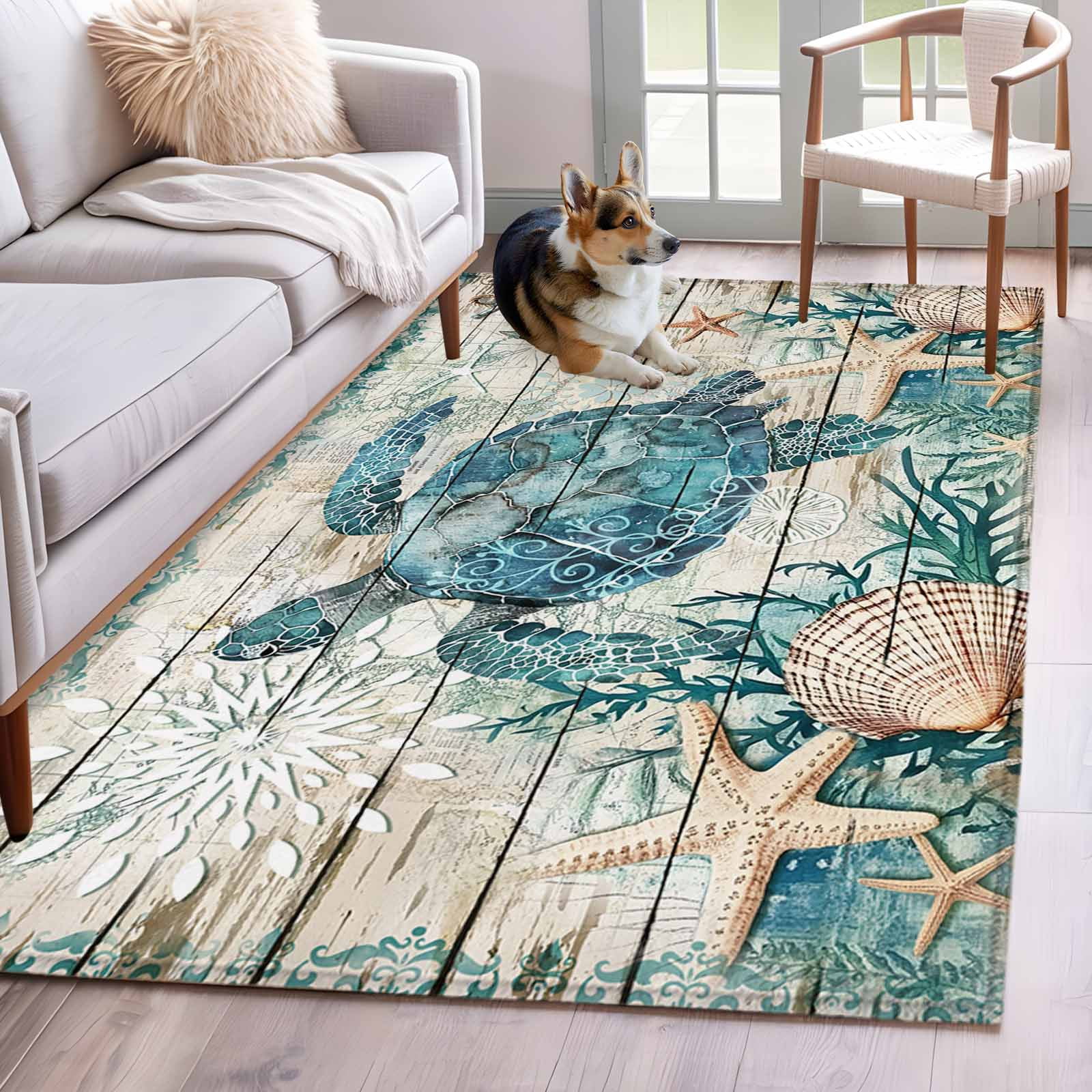 Area Rug 3x5ft Vintage Nautical Sea Creatures Wood Grain Area Rugs ...