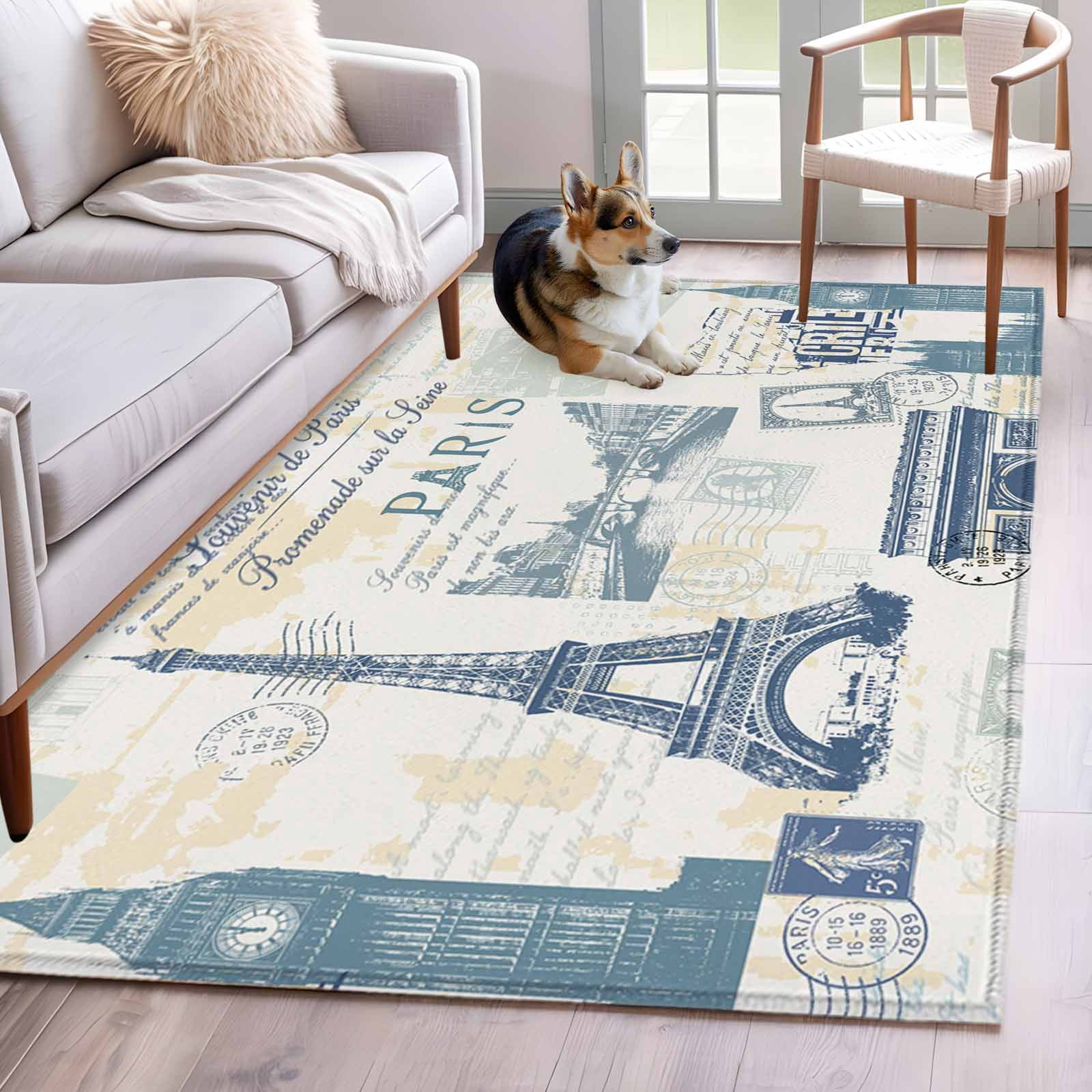 Area Rug 3x5ft Vintage Paris Architectural Blue Area Rugs Washable Low ...