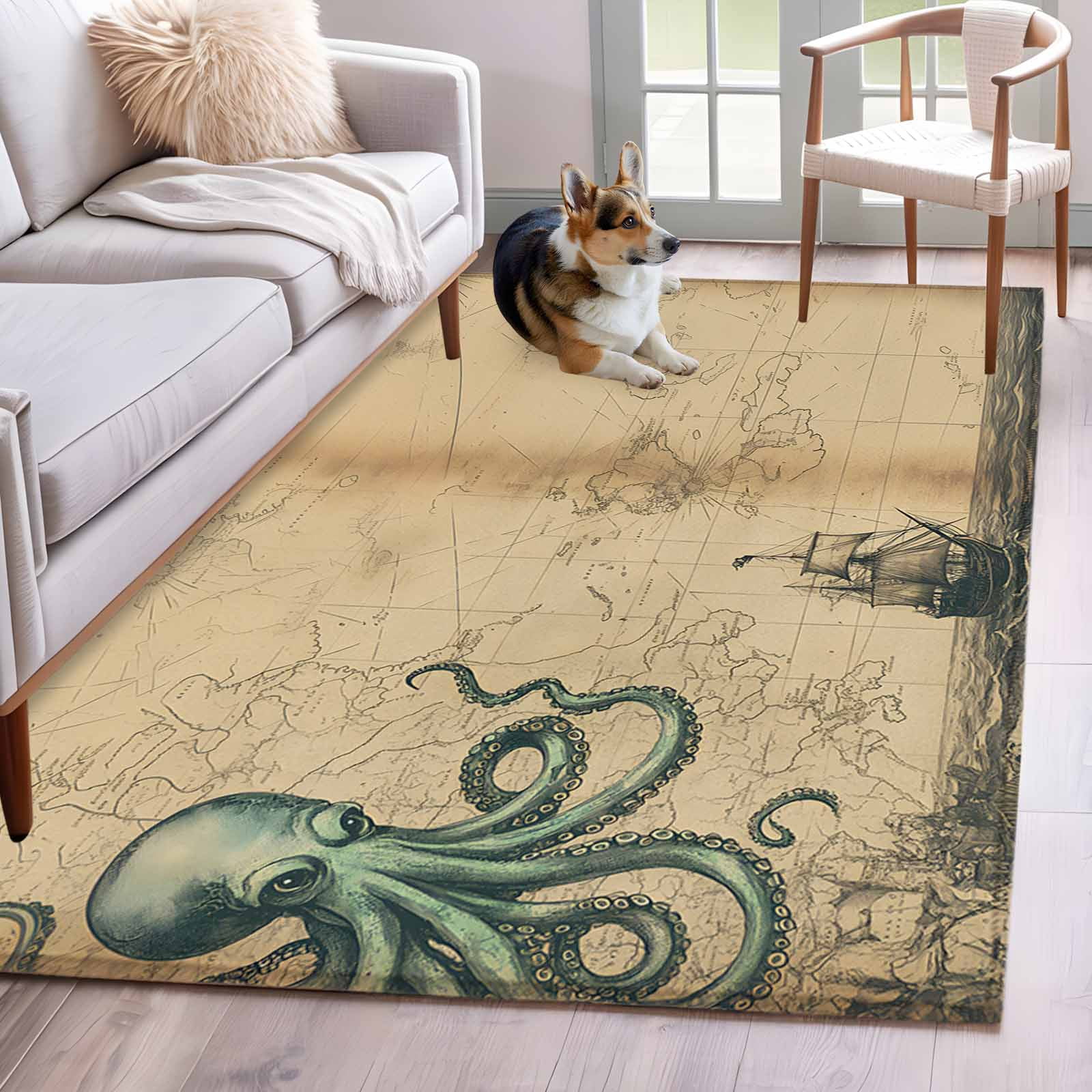Area Rug 3x5ft Vintage World Map Ocean Octopus Area Rugs Washable Low ...