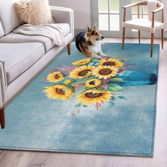 Area Rug 3x5ft Vintage Yellow Blooming Sunflower Vase Floral Art Area ...