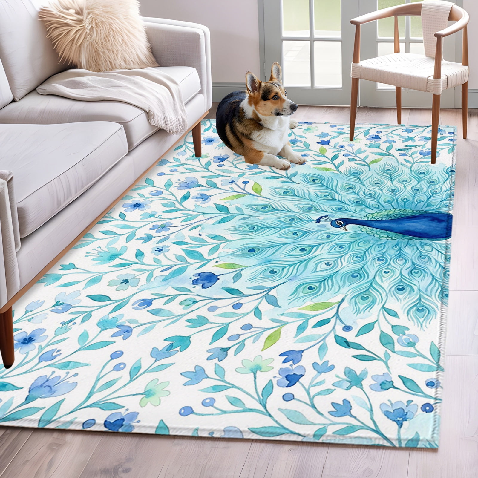 Area Rug 3x5ft, Watercolor Peacock Flower Feather Washable Rugs for ...