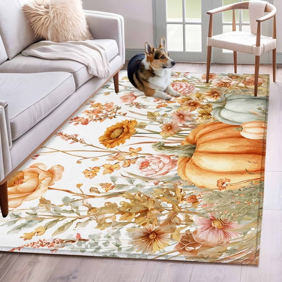 Area Rug 3x5ft, Watercolor Pumpkin Flowers Washable Rugs for Living ...