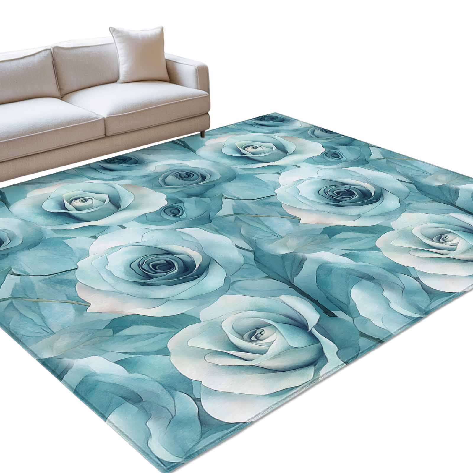 Area Rug 3x5ft Watercolor Rose Washable Area Rugs for Living Room Teal ...