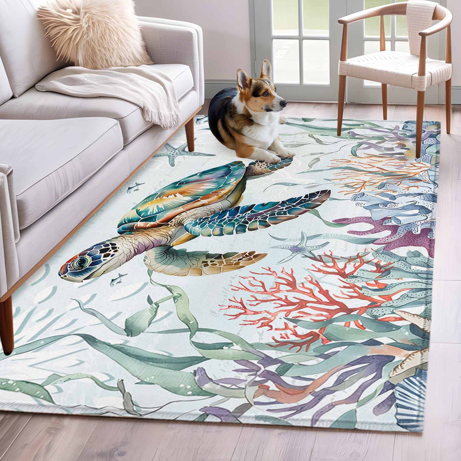 Area Rug 3x5ft Watercolor Sea Turtle Coral Seaweed Area Rugs Washable ...