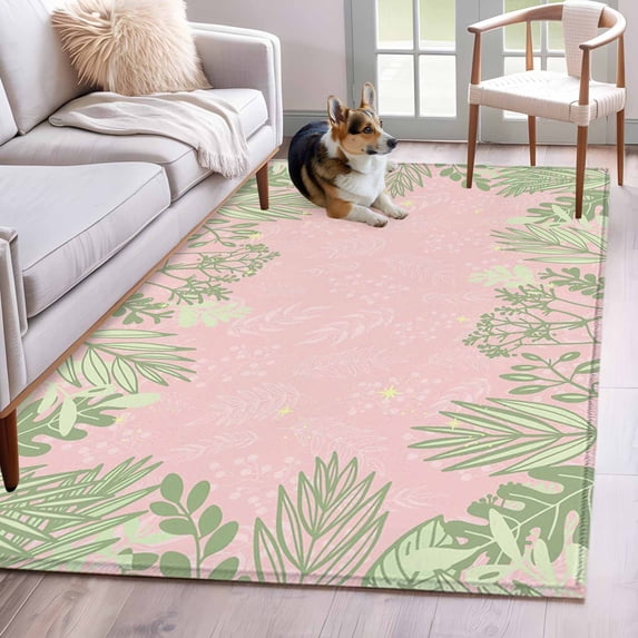 Area Rug 3x5ft Watercolor Spring Green Leaves on Pink Area Rugs ...