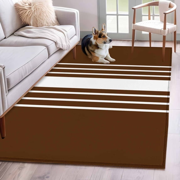 Area Rug 3x5ft White Brown Striped Area Rugs Washable Low Pile Floor ...