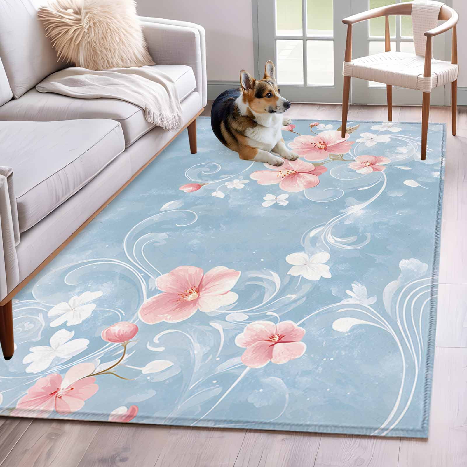Area Rug 3x5ft White Pink Flower Area Rugs Washable Low Pile Floor ...