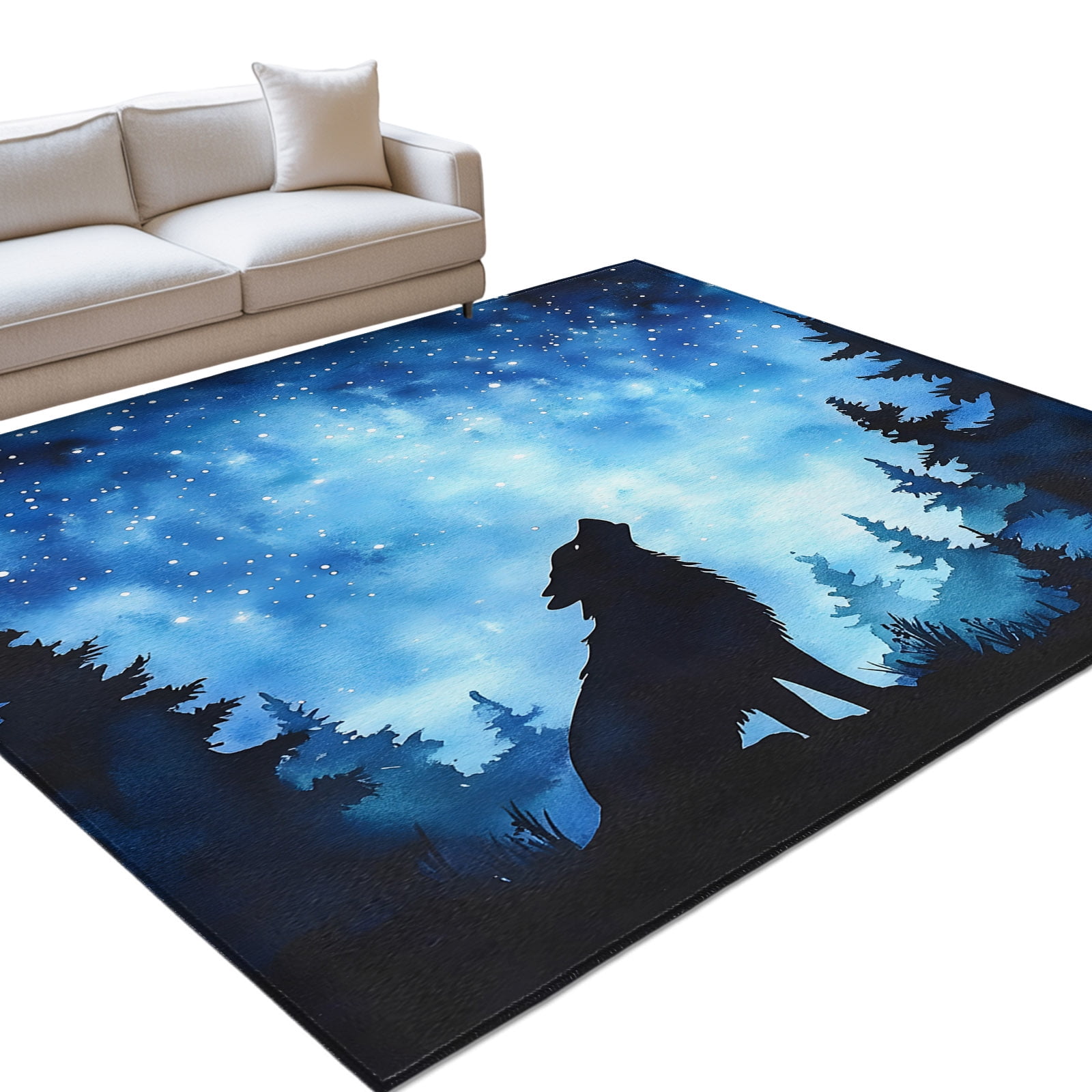 Area Rug 3x5ft Wolf Forest Washable Area Rugs for Living Room Blue ...