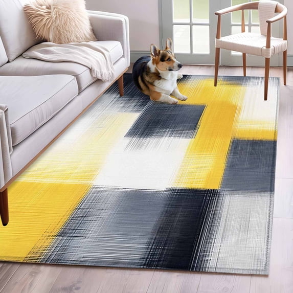 Area Rug 3x5ft Yellow Black White Splicing Area Rugs Washable Low Pile ...