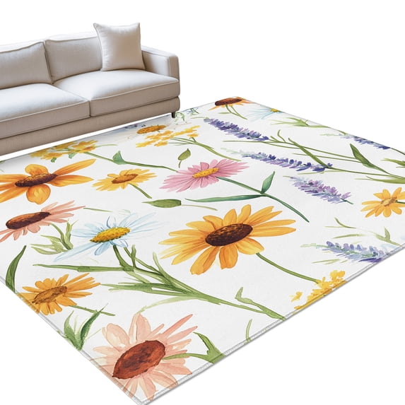 Area Rug 3x5ft Yellow Pink Daisy Floral Washable Area Rugs for Living ...