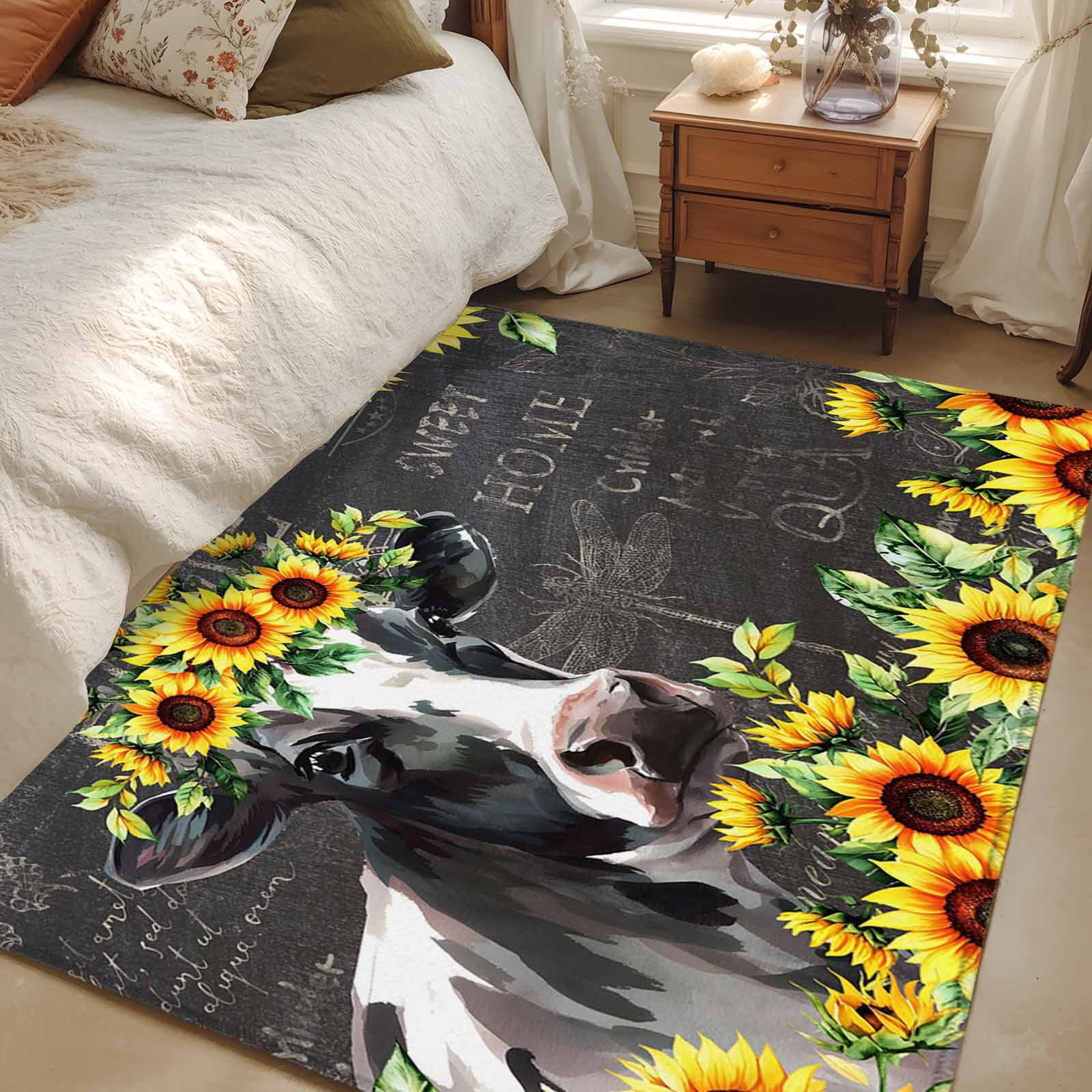 Area Rug 3x5ft Yellow Sunflower Cow Carpets Indoor Floor Area Mat ...