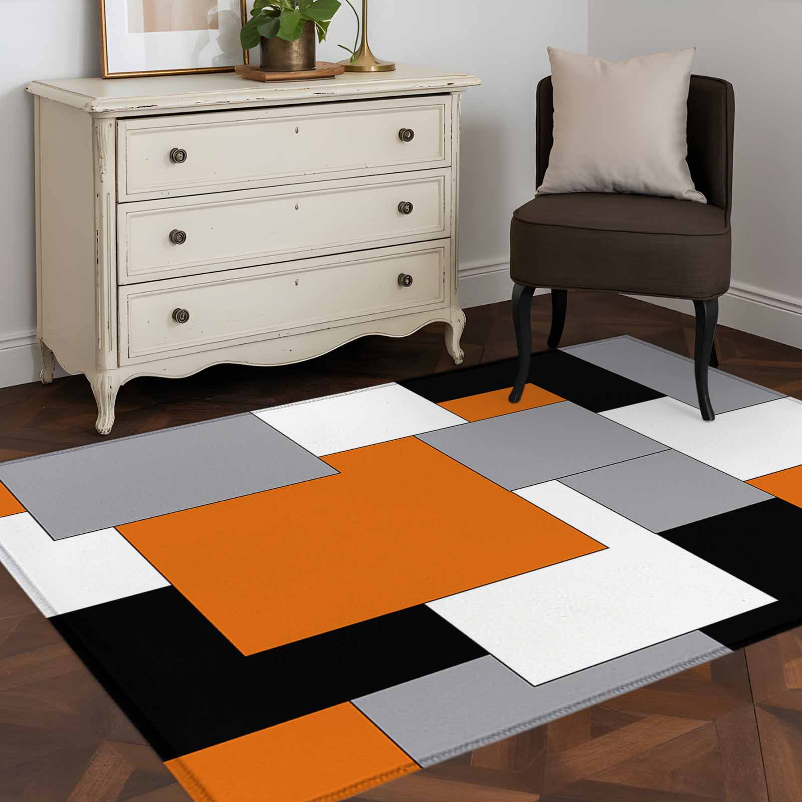 Area Rug 48×72in, Abstract Color Block Orange Grey White Floor Carpet ...