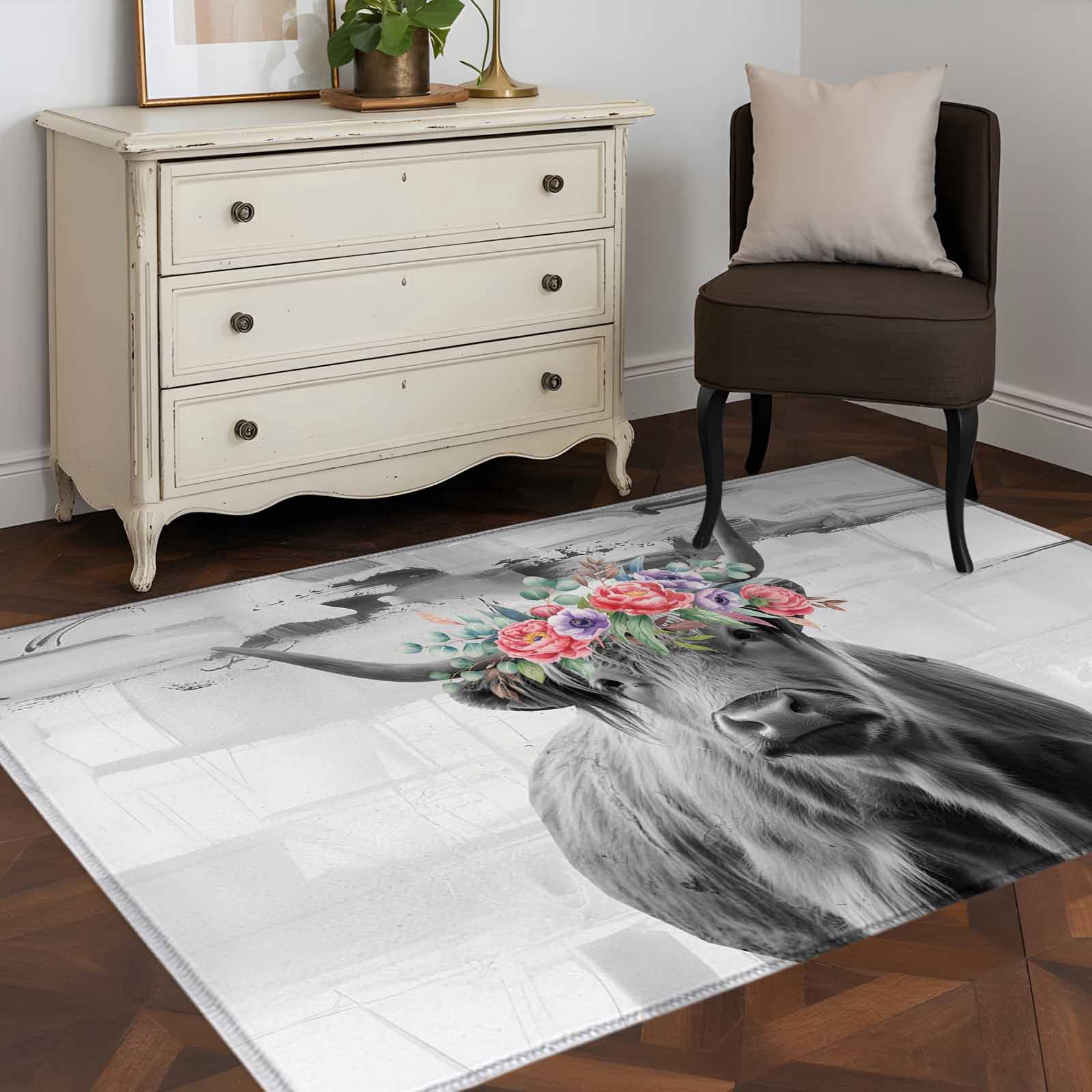 Area Rug 48×72in, Abstract Red Purple Flowers Cow Floor Carpet Living ...