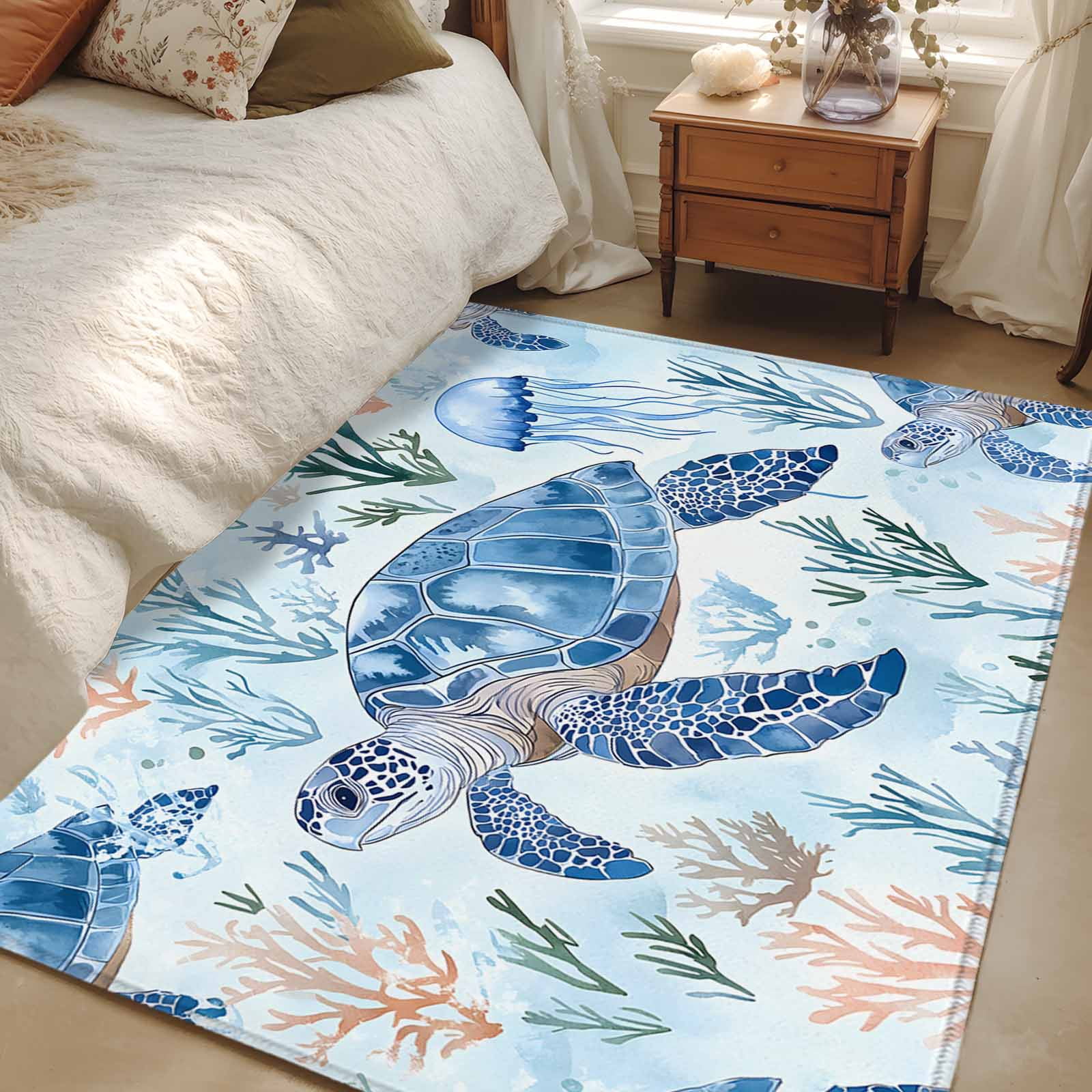 Area Rug 48×72in, Blue Sea Turtle Coral Jellyfish Floor Carpet Living ...