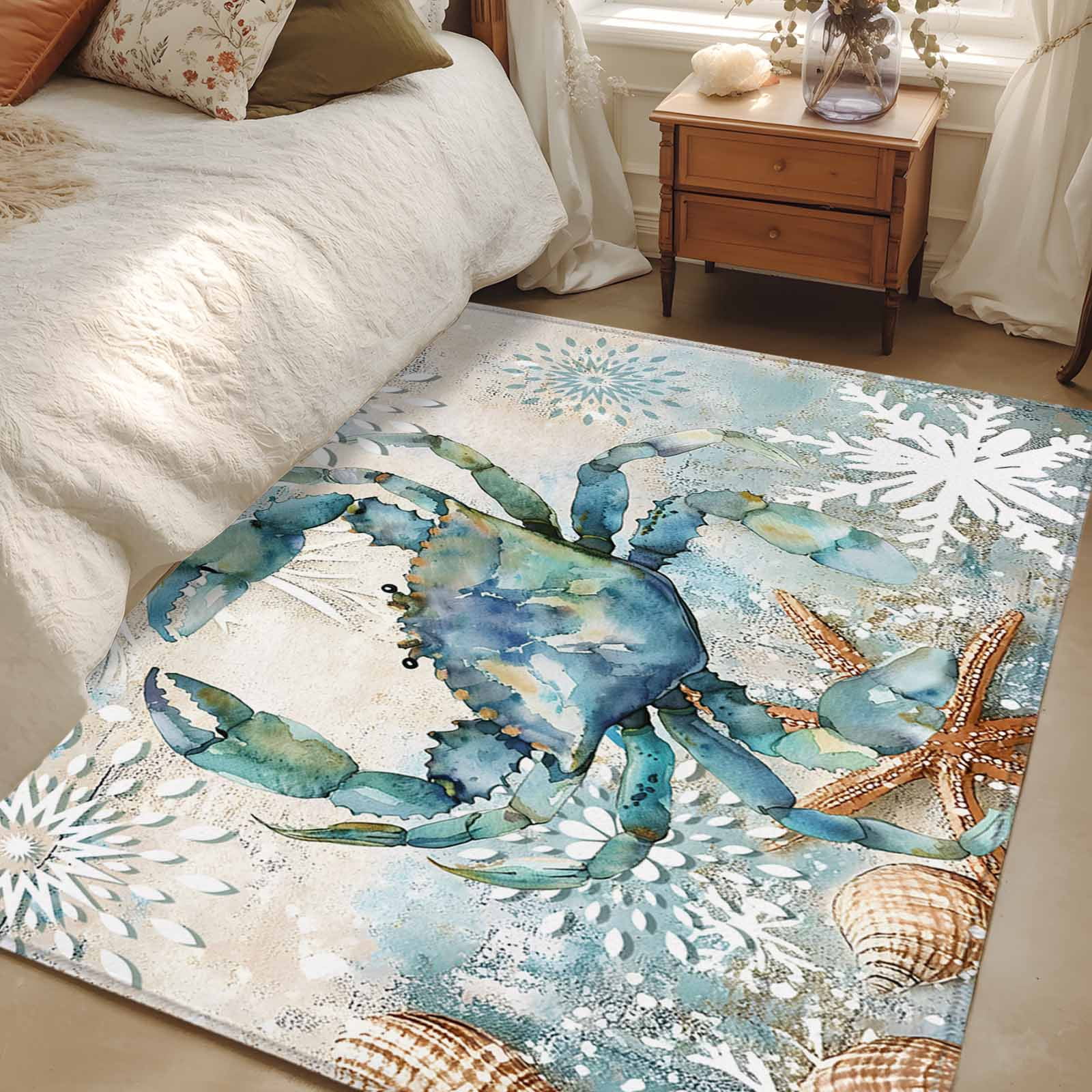 Area Rug 48×72in, Coastal Crab Ocean Starfish Shell Floor Carpet Living ...