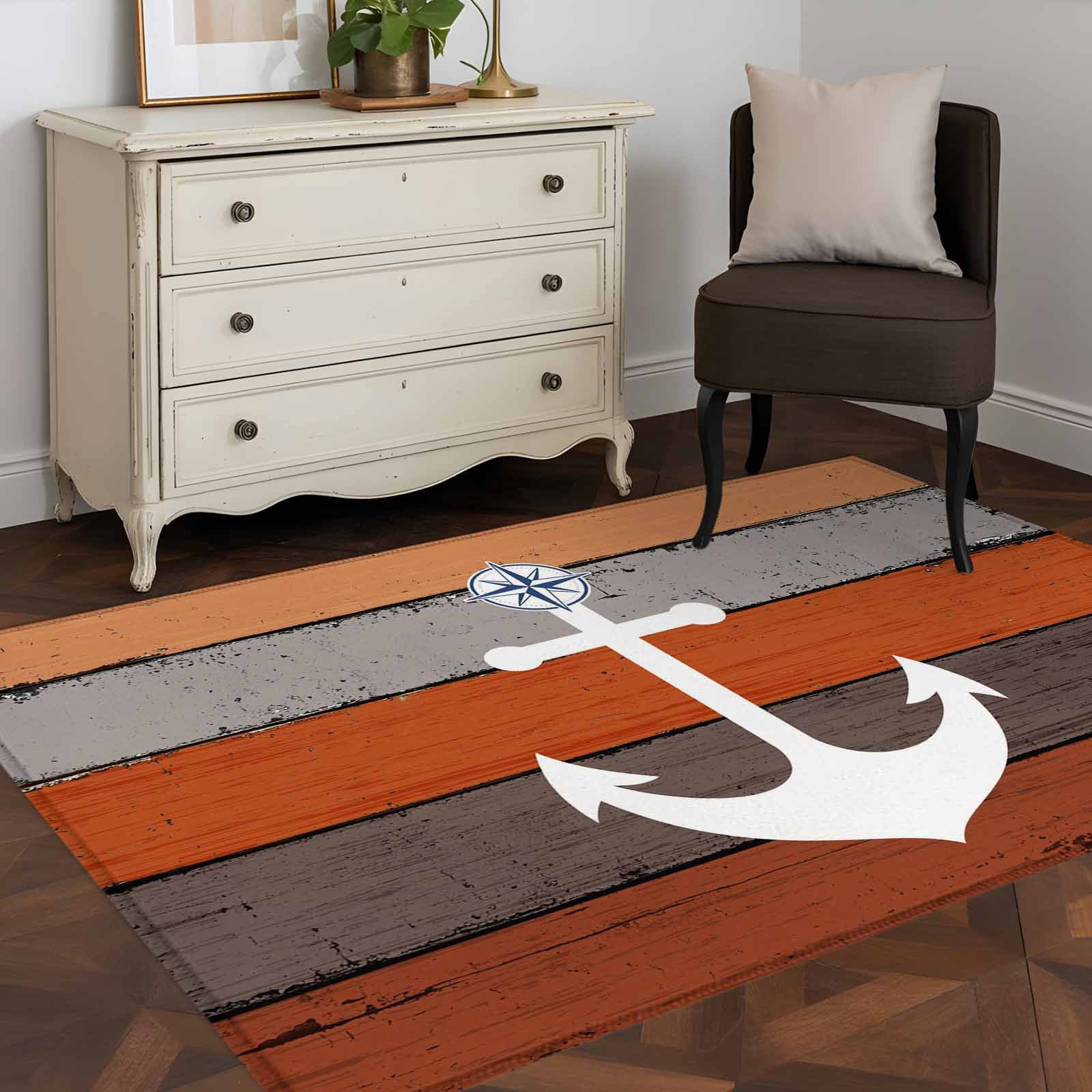Area Rug 48×72in, Coastal Nautical Compass Orange Gradient Floor Carpet ...