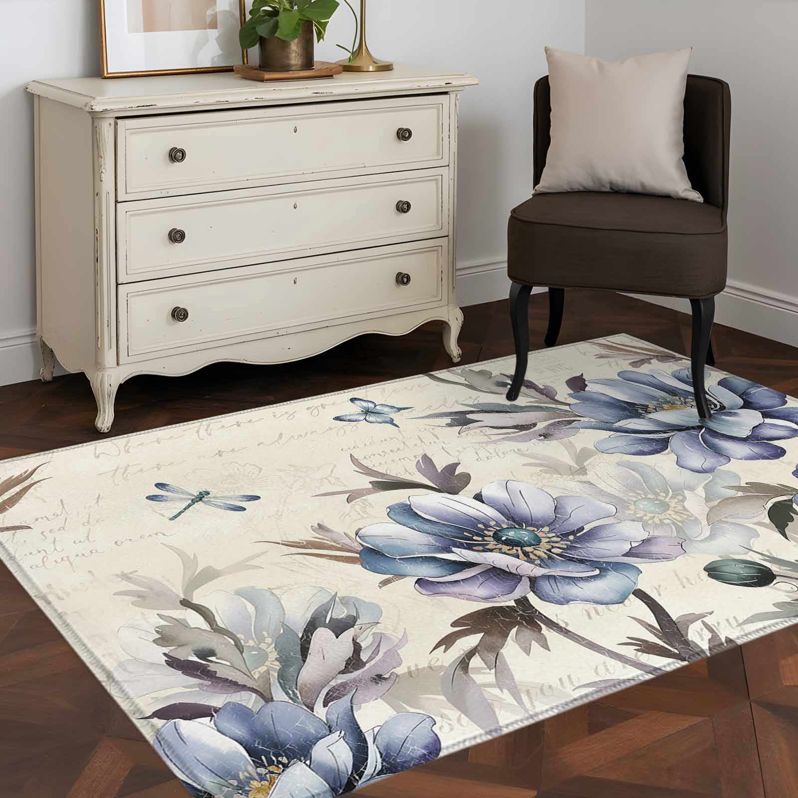 Area Rug 48×72in, Country Blue Flower Farm Floral Plant Floor Carpet ...