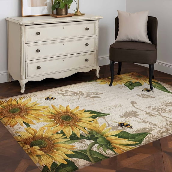 Area Rug 48×72in, Country Sunflower Bee Butterfly Floor Carpet Living ...