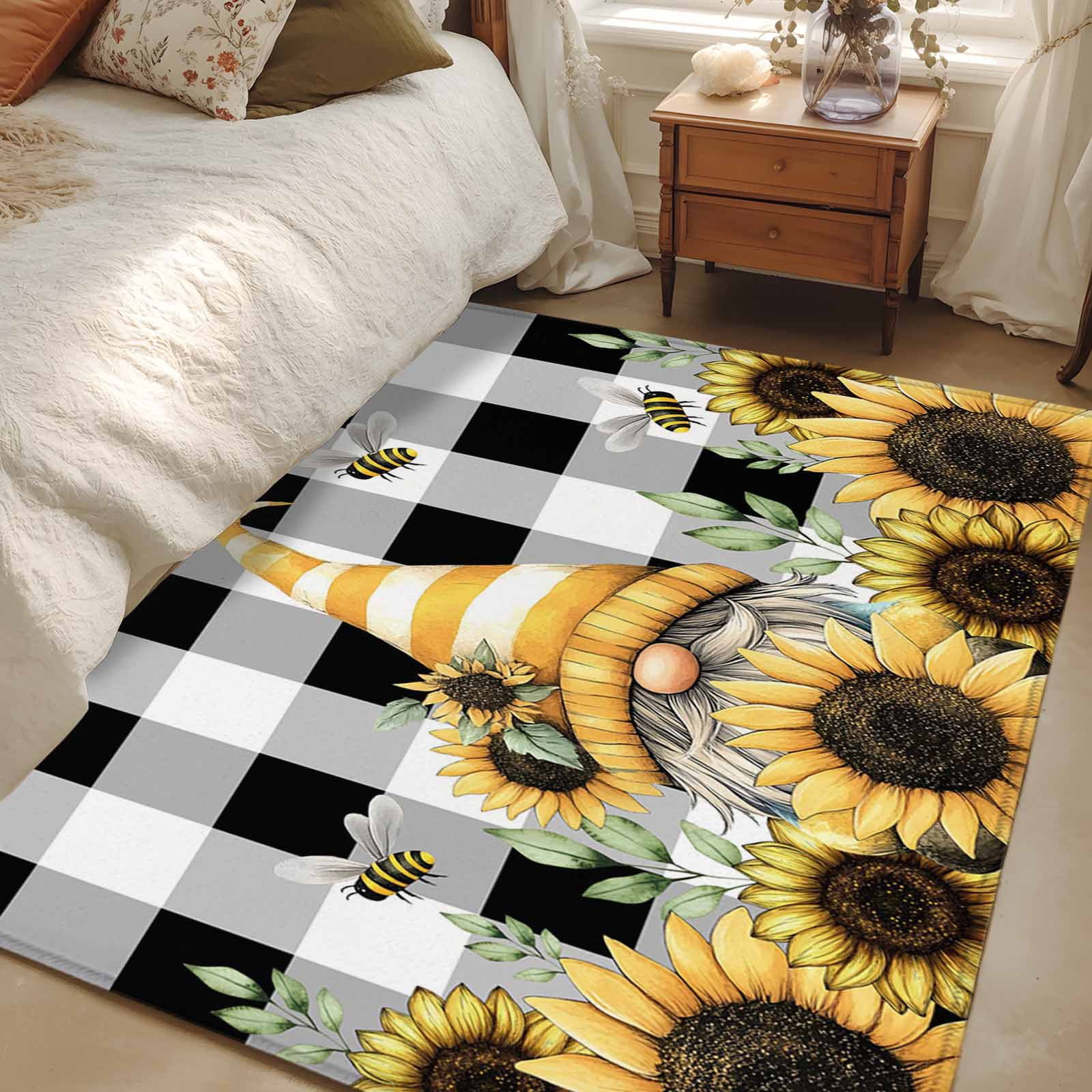 Area Rug 48×72in, Dwarf Yellow Sunflower Bee Floor Carpet Living Room ...