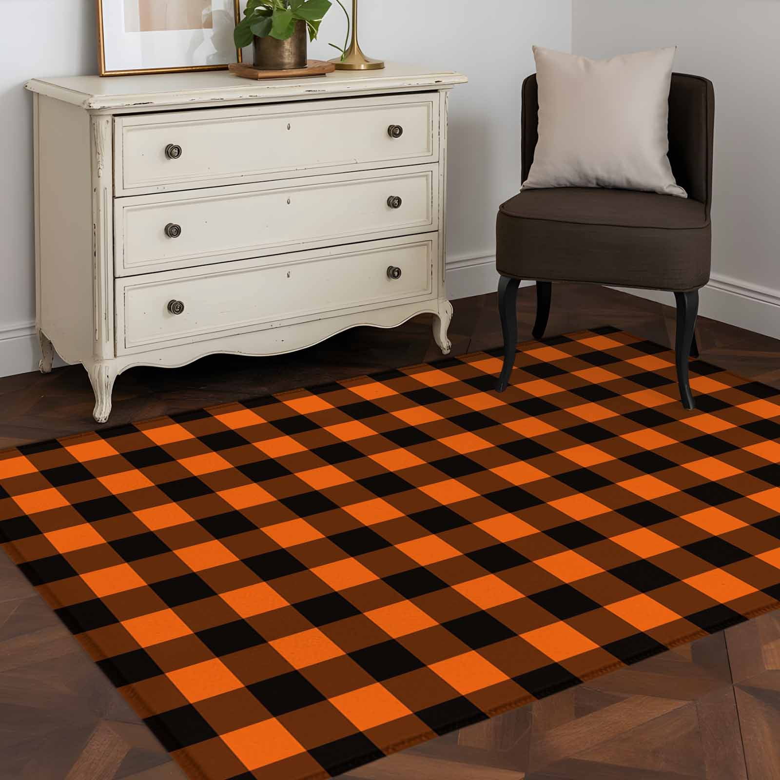 Area Rug 48×72in, Fall Orange Black Plaid Floor Carpet Living Room Rug ...