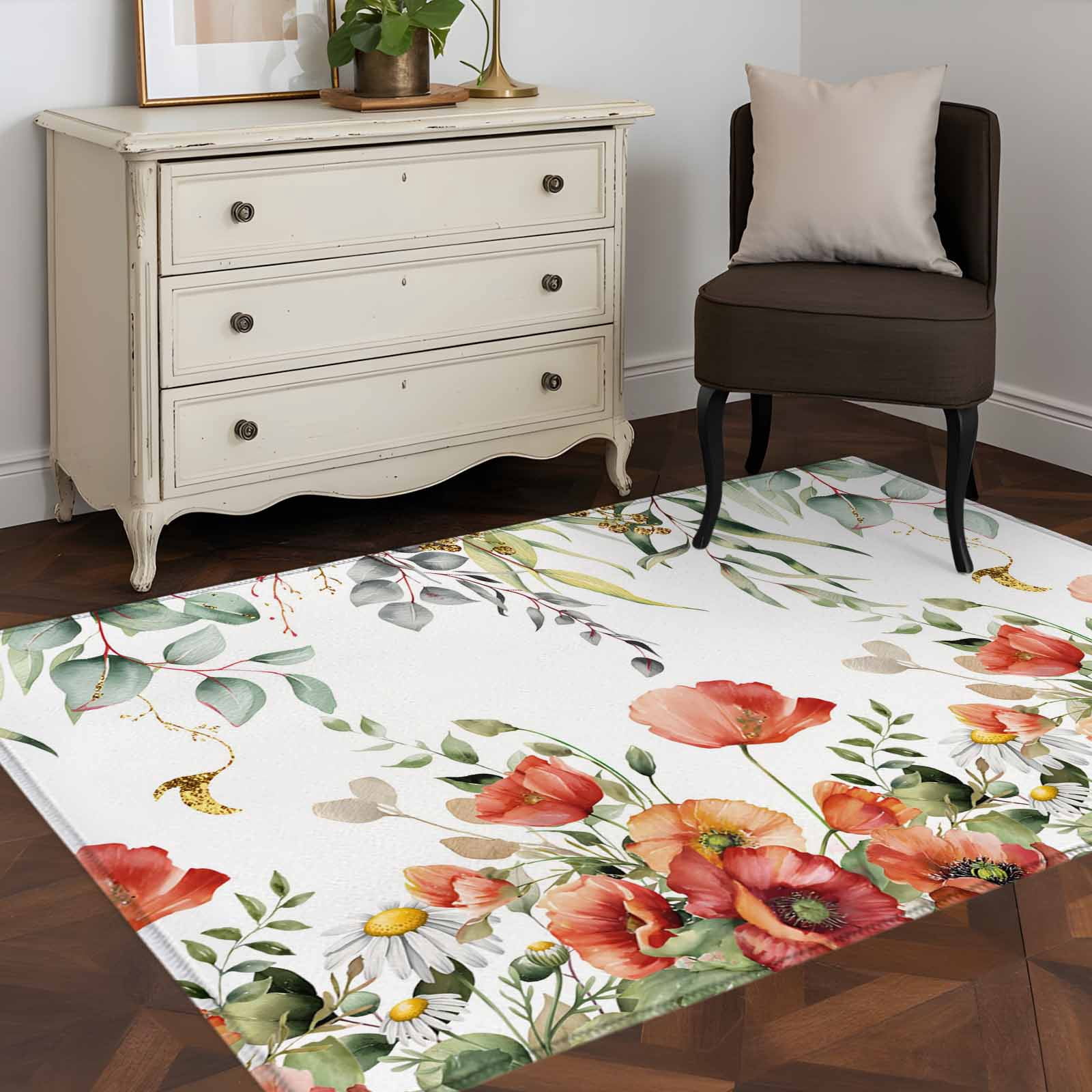 Area Rug 48×72in, Farm Poppy Watercolor Foliage Floor Carpet Living ...
