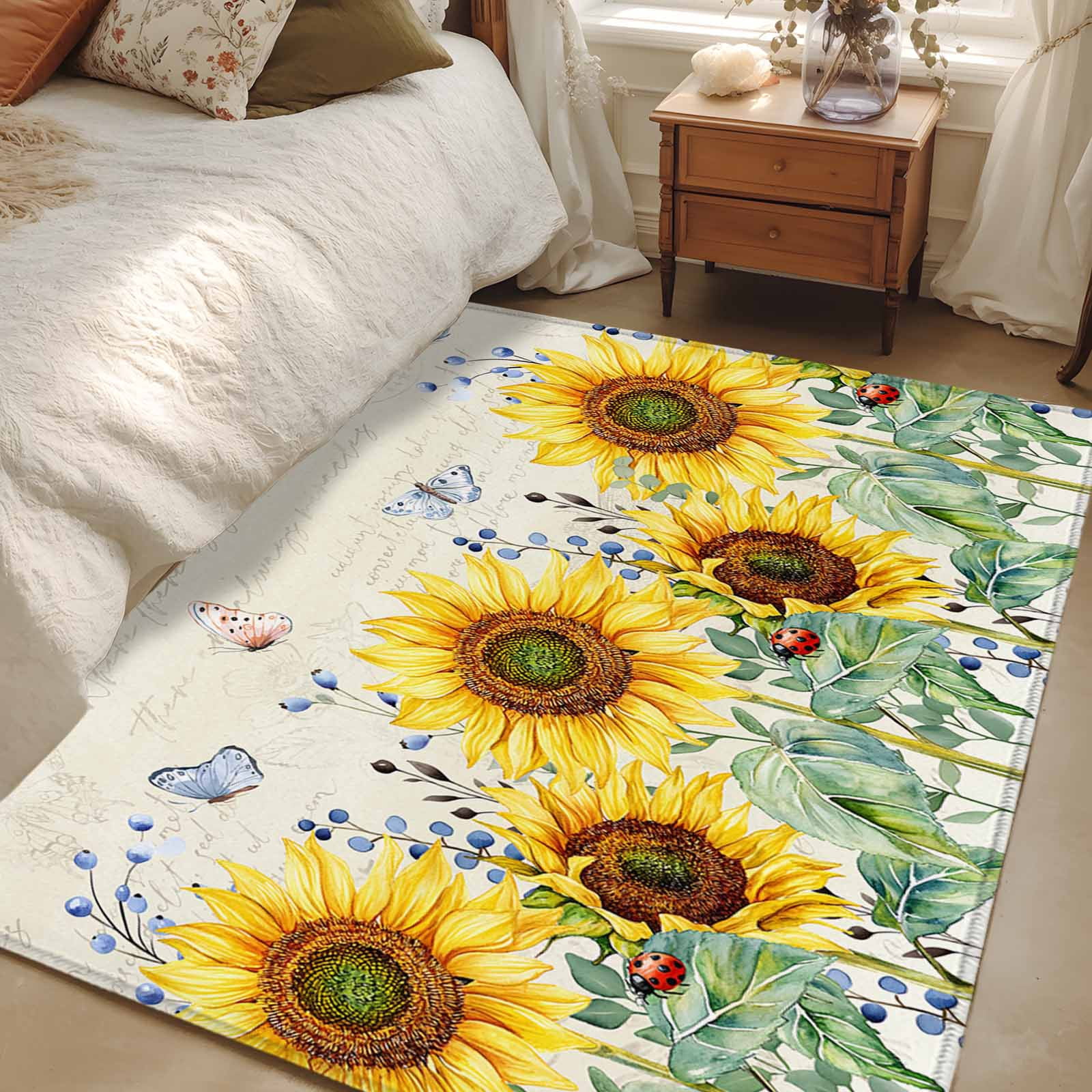 Area Rug 48×72in, Farm Sunflower Butterfly Floor Carpet Living Room Rug ...